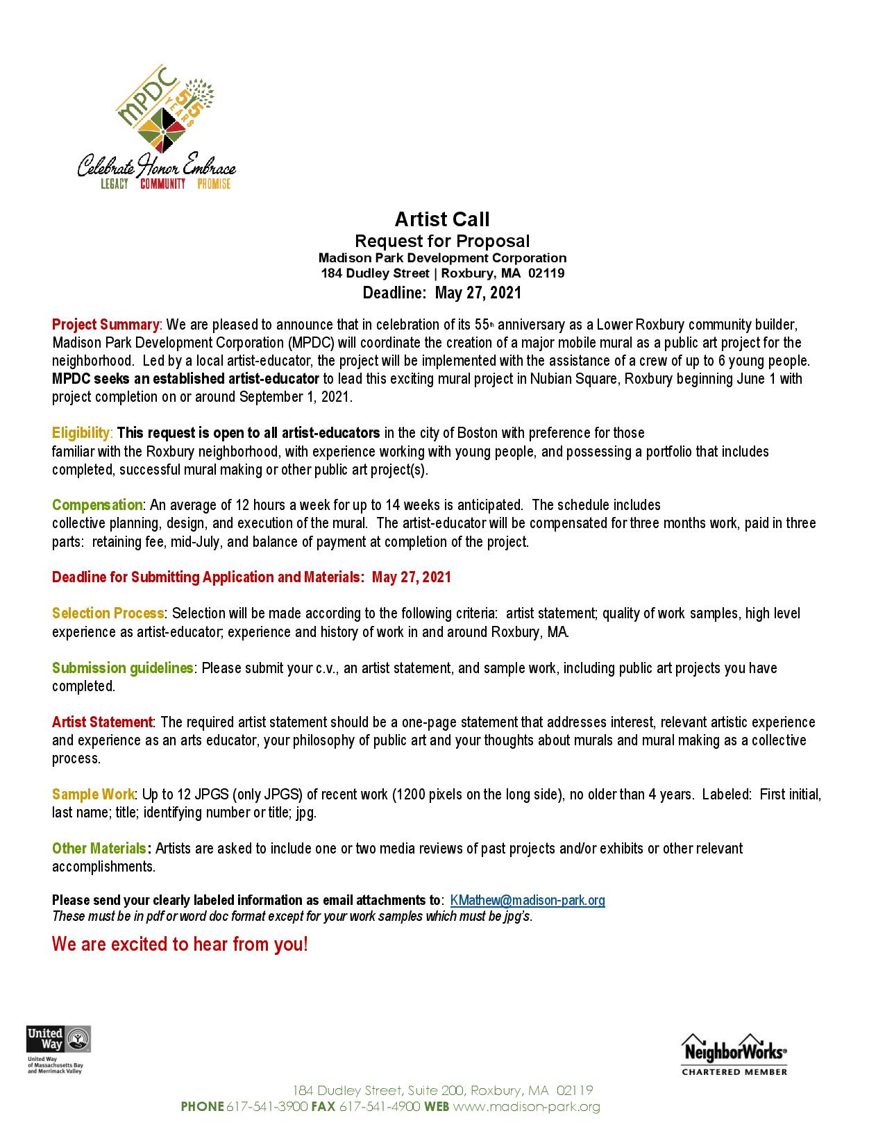 Call for Artists - Request for Proposals for MPDC's 55th Anniversary ...